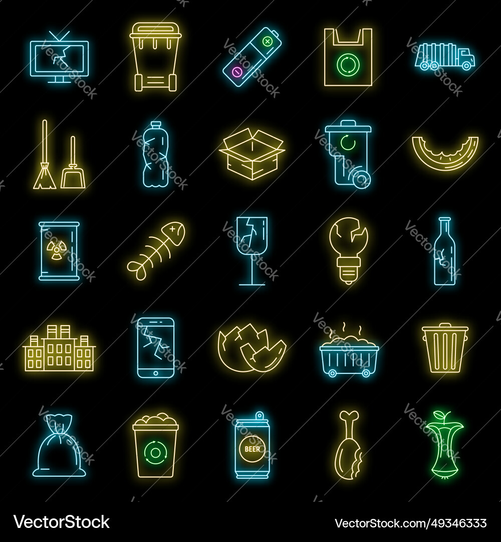 Garbage rubbish icons set neon Royalty Free Vector Image