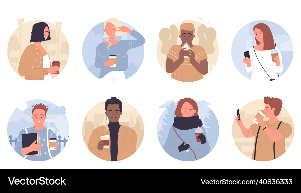 People drinking takeaway coffee on round avatar Vector Image