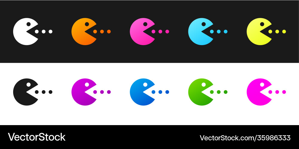 Set pacman with eat icon isolated on black Vector Image