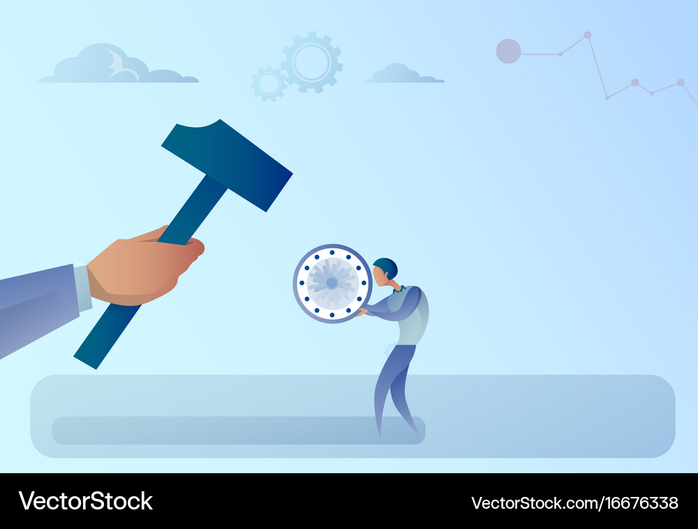 Hand hitting businessman holding clock with hammer