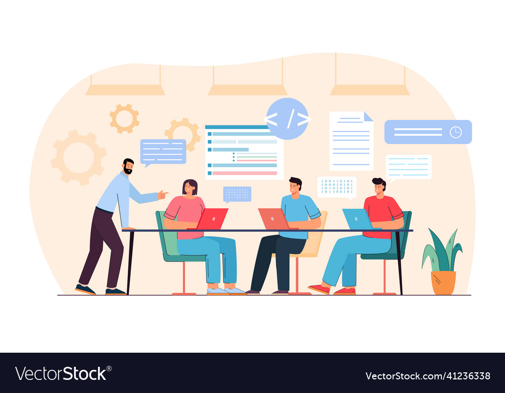 Team of programmers working on program code Vector Image