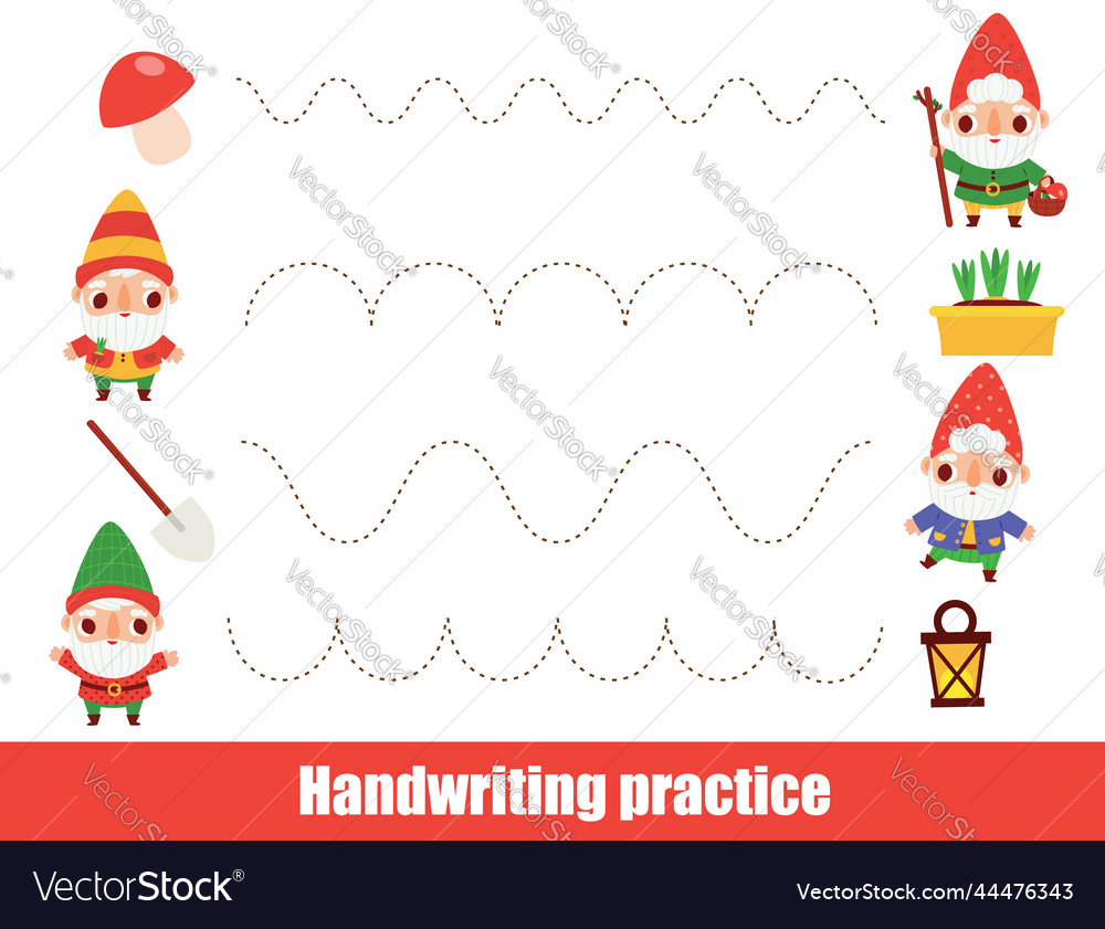 Handwriting practice sheet with gnomes Royalty Free Vector
