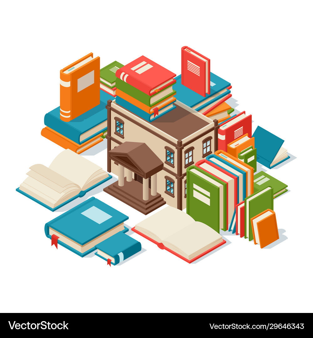 Library building surrounded books concept of Vector Image