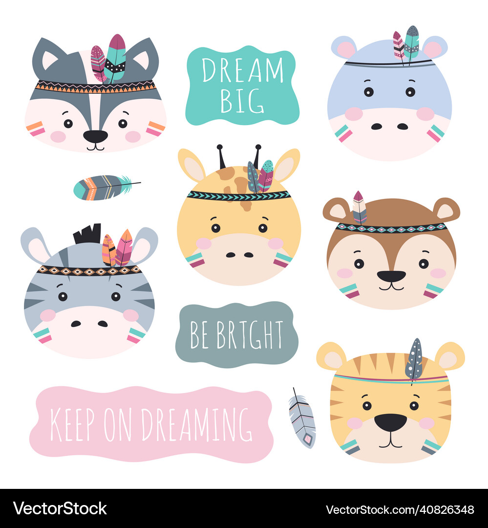 Indian tribal animals faces set Royalty Free Vector Image