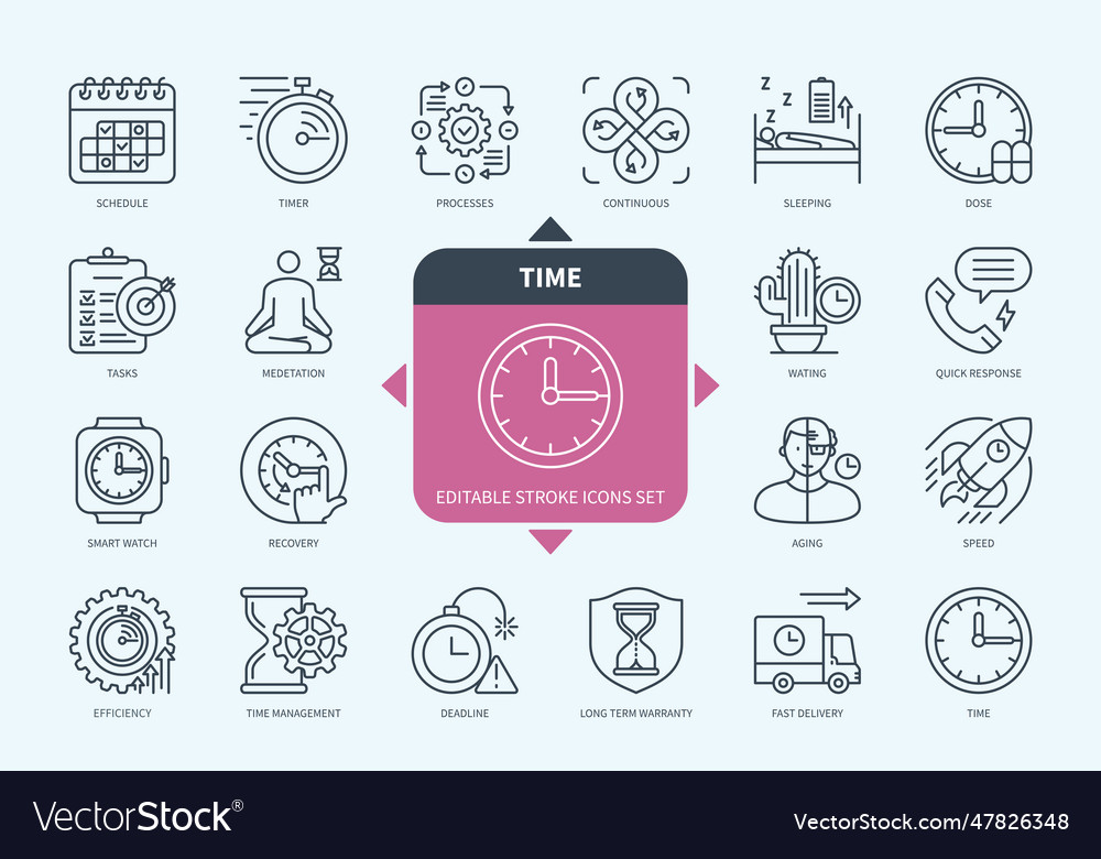 Time icons set with description Royalty Free Vector Image