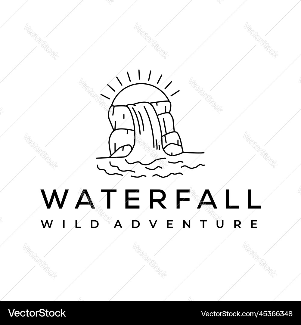 Waterfall sun rock line art logo minimalist Vector Image