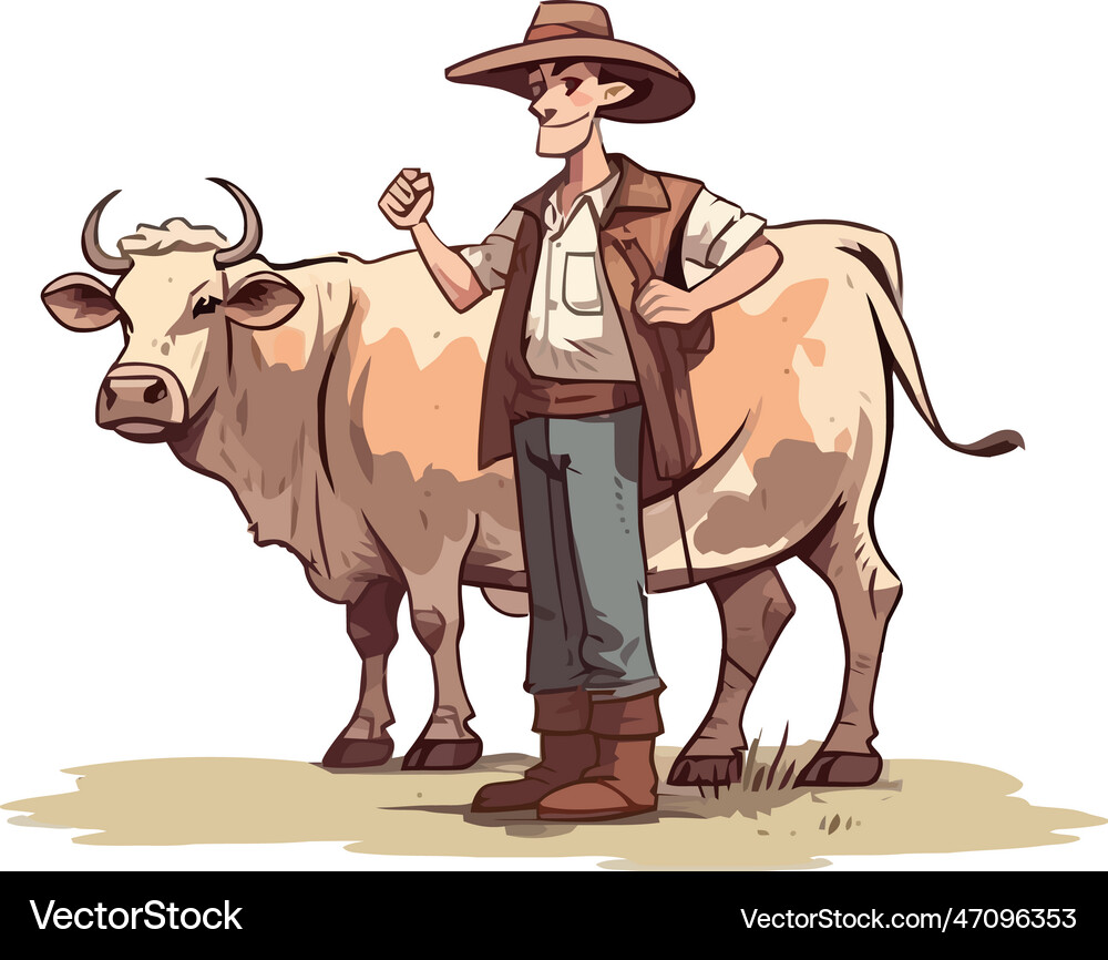 Cowboy farmer standing with cattle on ranch Vector Image