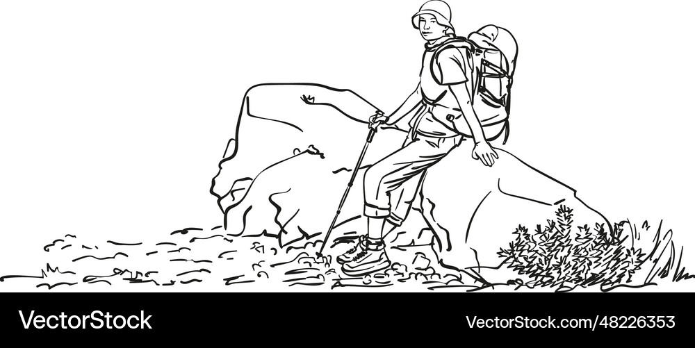 Female trekker with backpack sitting and resting Vector Image