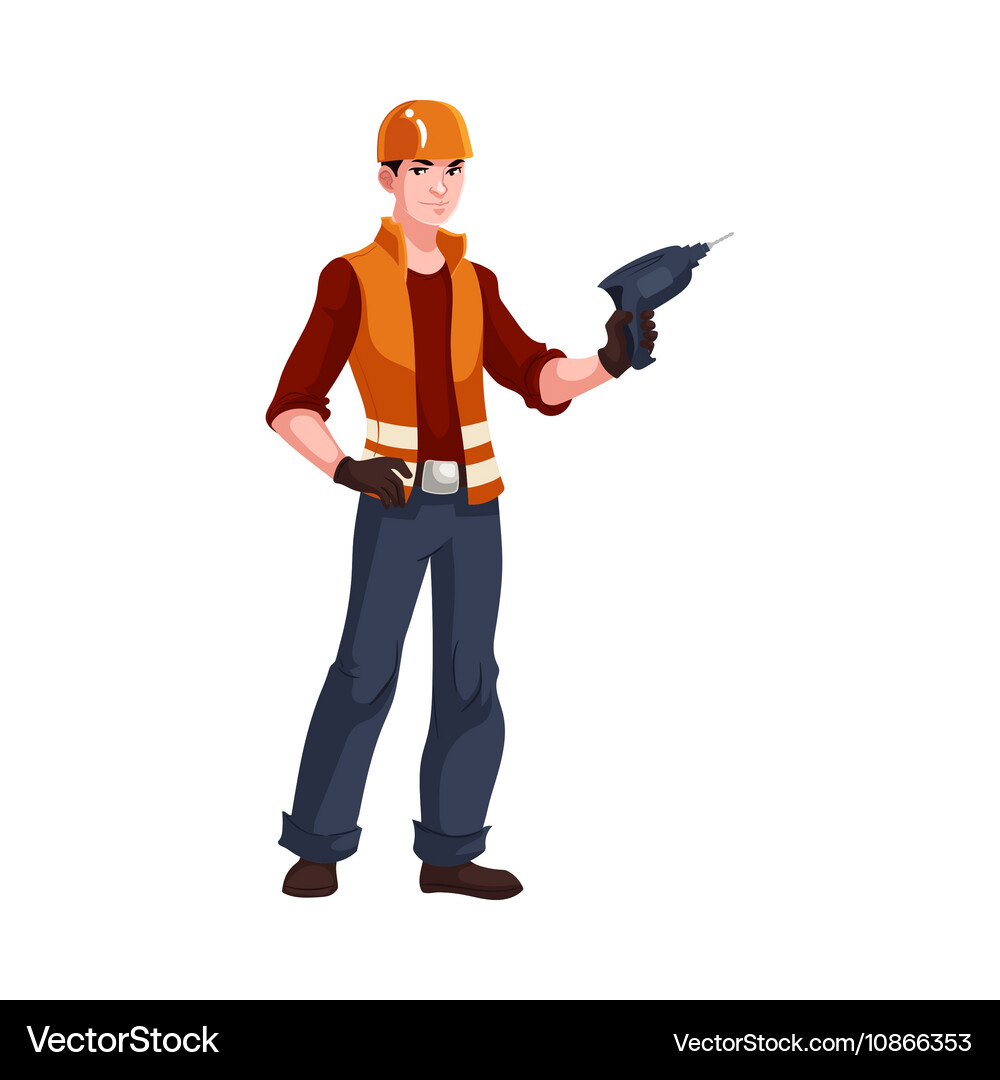 Young and handsome industrial worker with a drill Vector Image