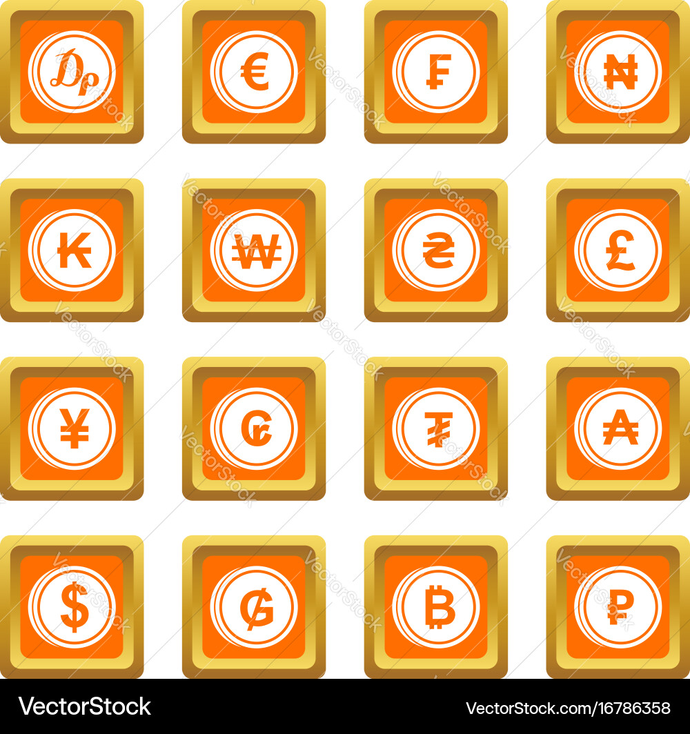 Currency from different countries icons set orange