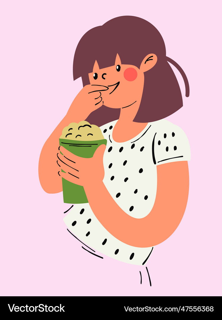 A girl eats popcorn in cartoon Royalty Free Vector Image