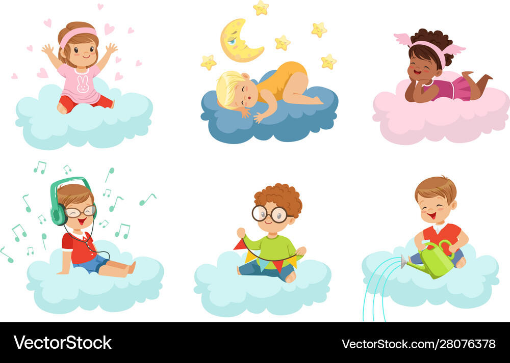 Smiling kids sitting on clouds and doing different