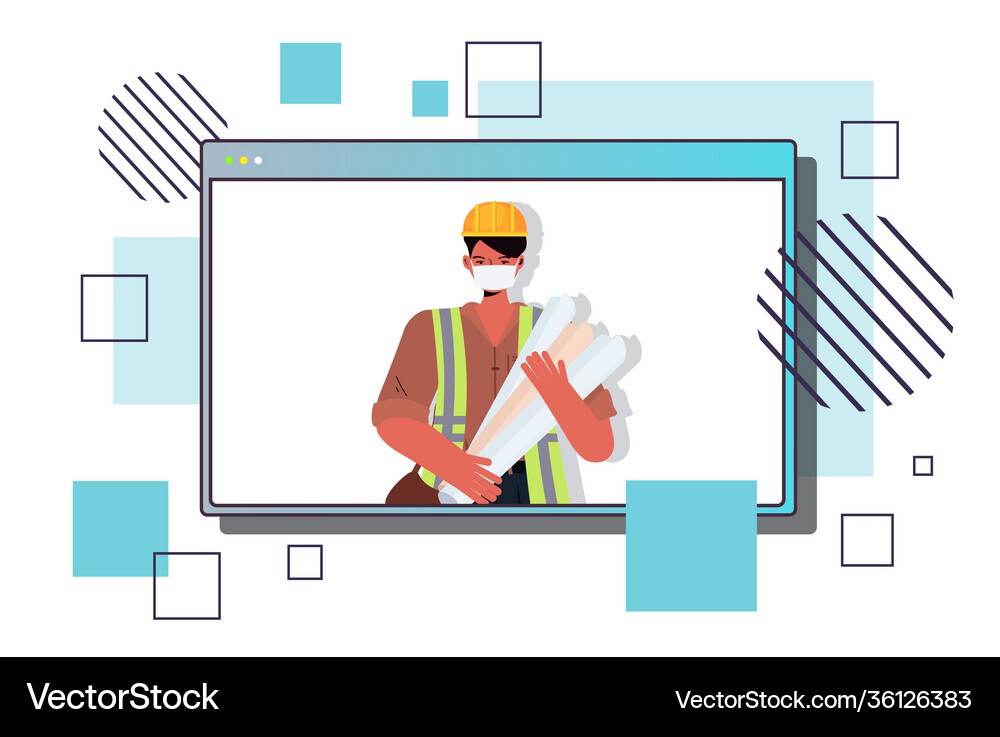 Engineer architect with blueprints wearing mask to