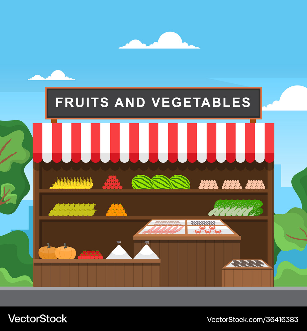 Fresh fruit vegetable store stall stand grocery Vector Image