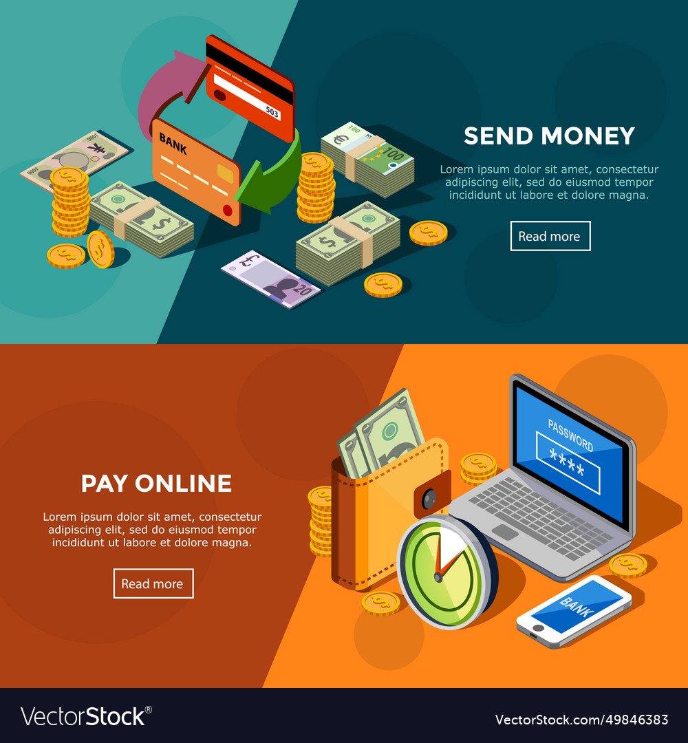 Two horizontal isometric bank service banners Vector Image Two horizontal isometric bank service banners Vector Image