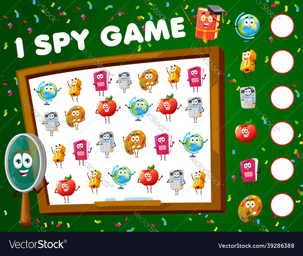 I spy game math worksheet school characters Vector Image