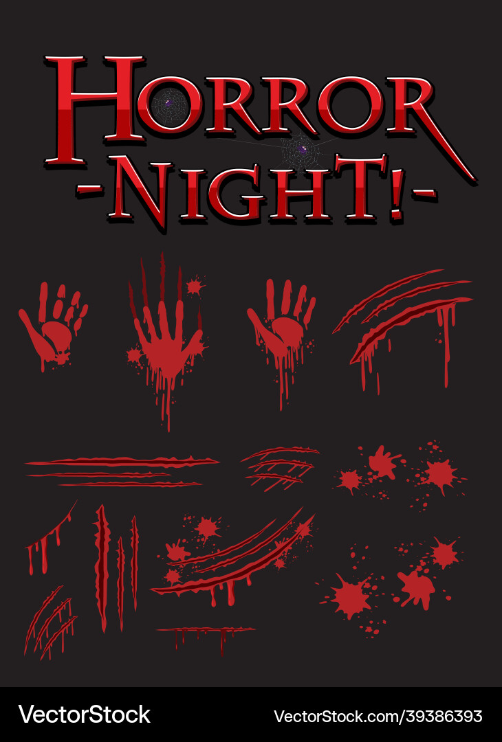 Horror night text design with bloody hand prints Vector Image
