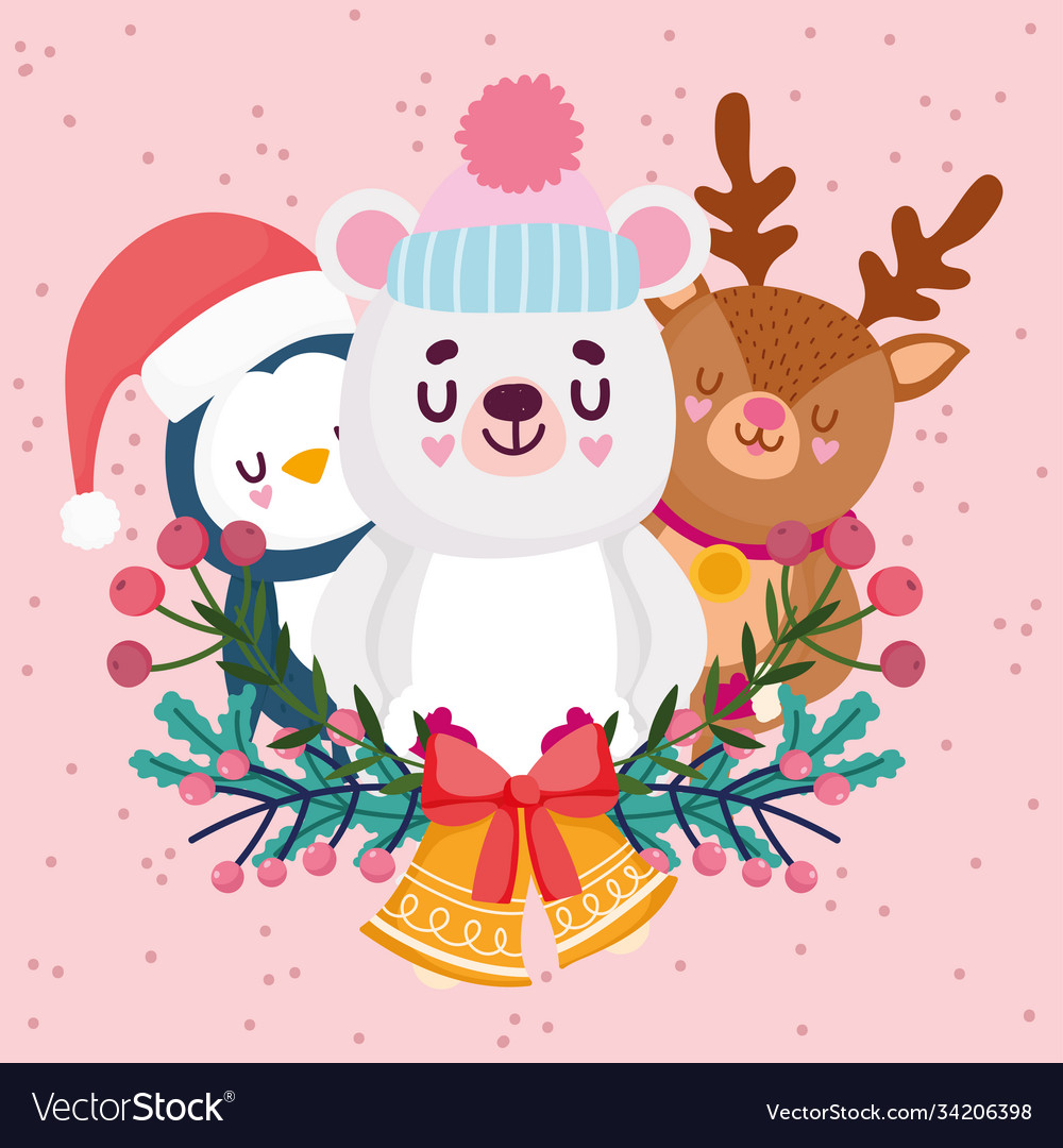 Merry christmas cute bear penguin reindeer bells Vector Image