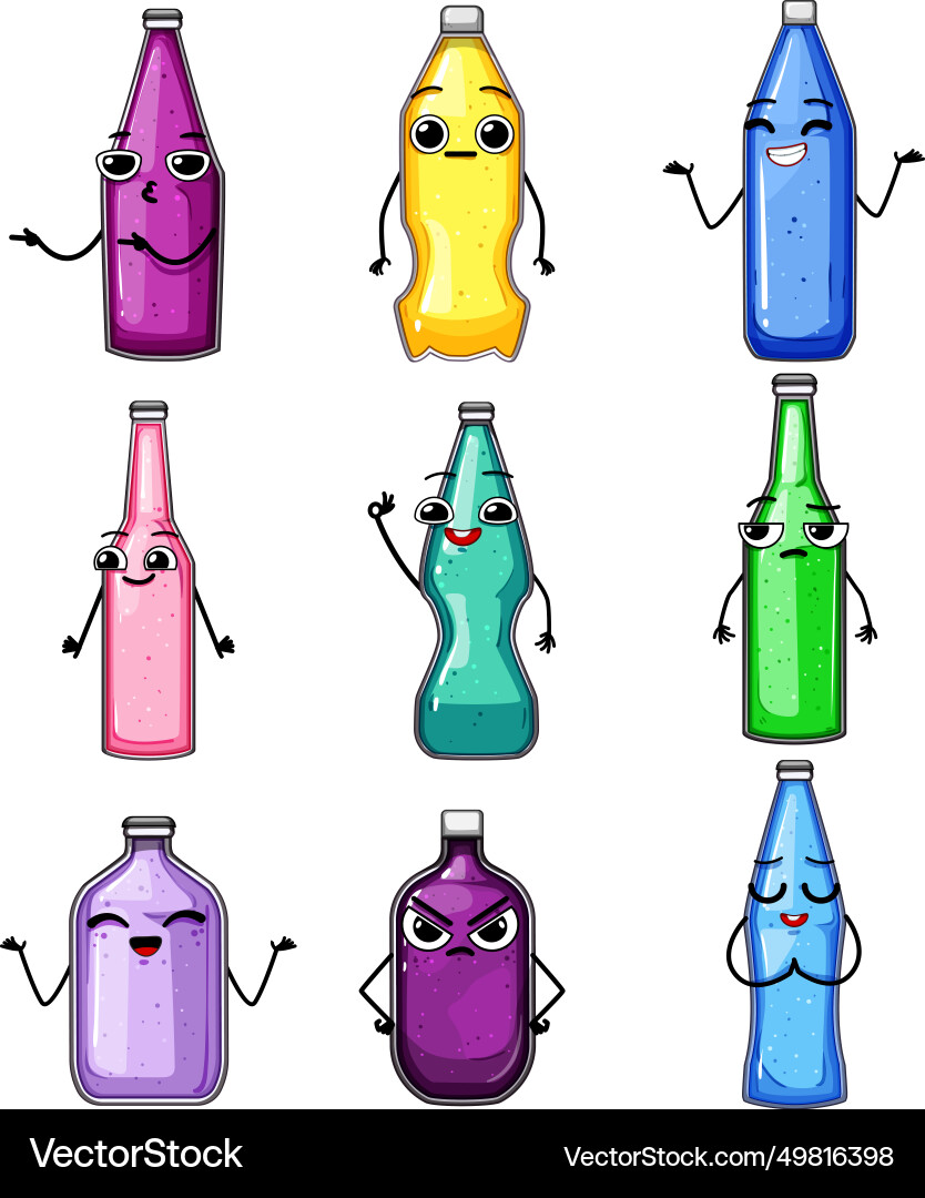 Soda Bottle Character Set Cartoon Royalty Free Vector Image