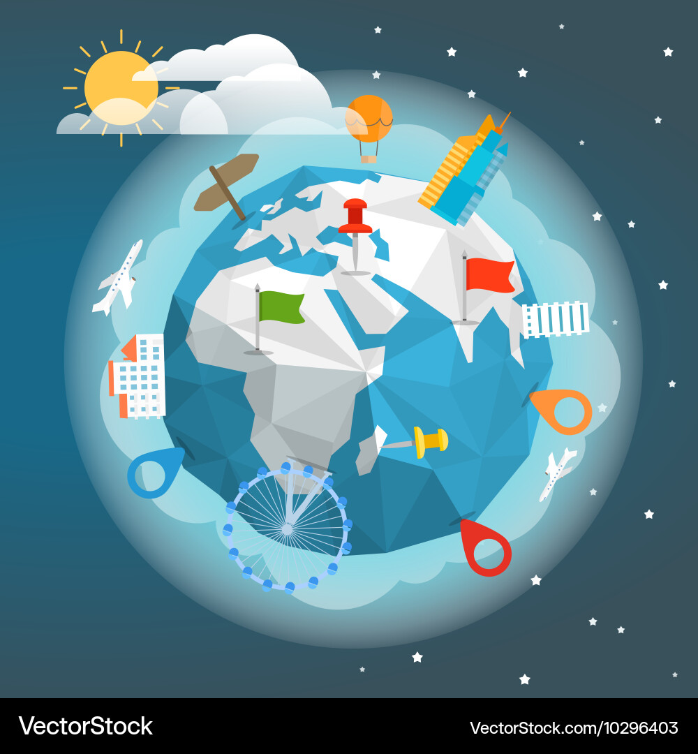Earth with different pins and buildings Royalty Free Vector