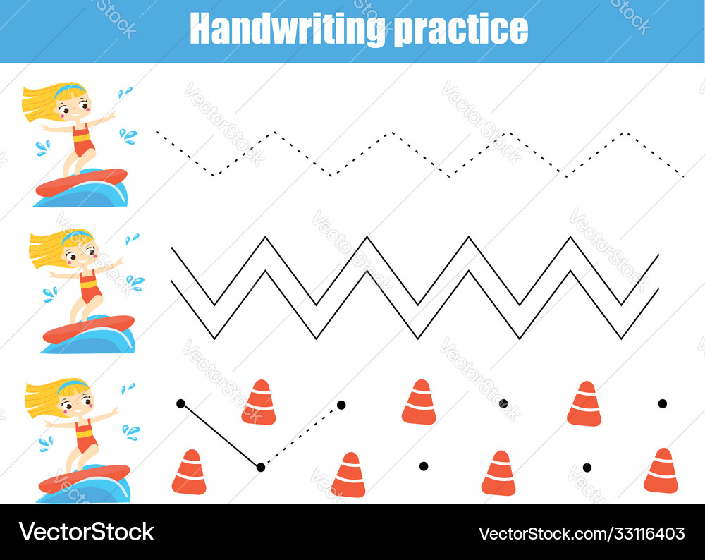 Girl on surf board handwriting practice sheet Vector Image