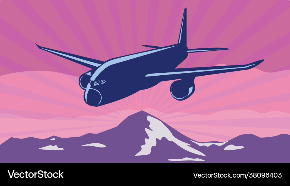 Jumbo jet plane or airplane flying over mountains Vector Image