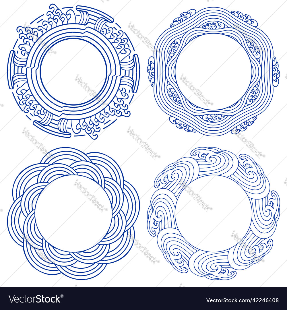 Set of round frames with sea waves and ornaments Vector Image