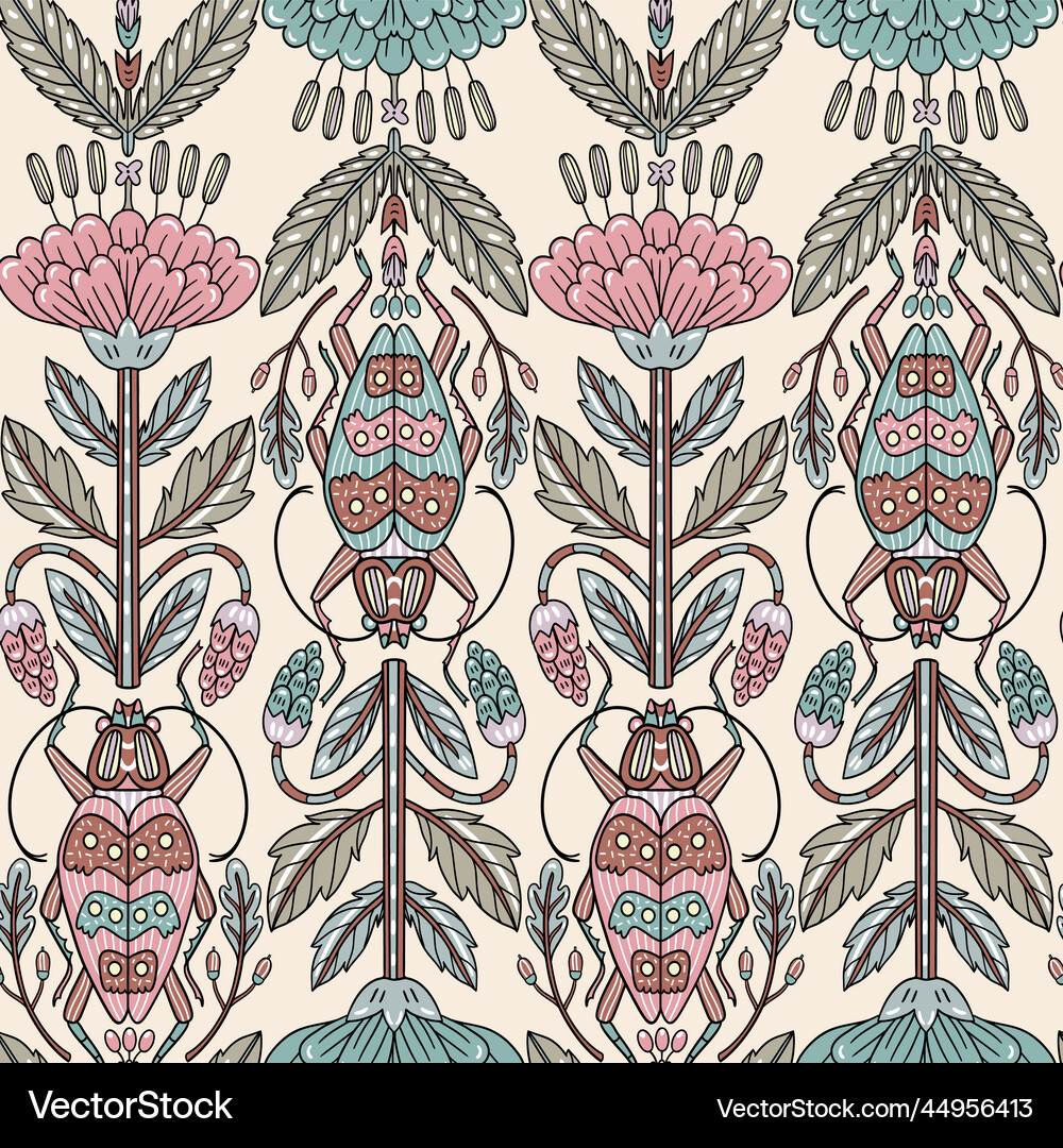 Floral seamless pattern with decorative beetles Vector Image