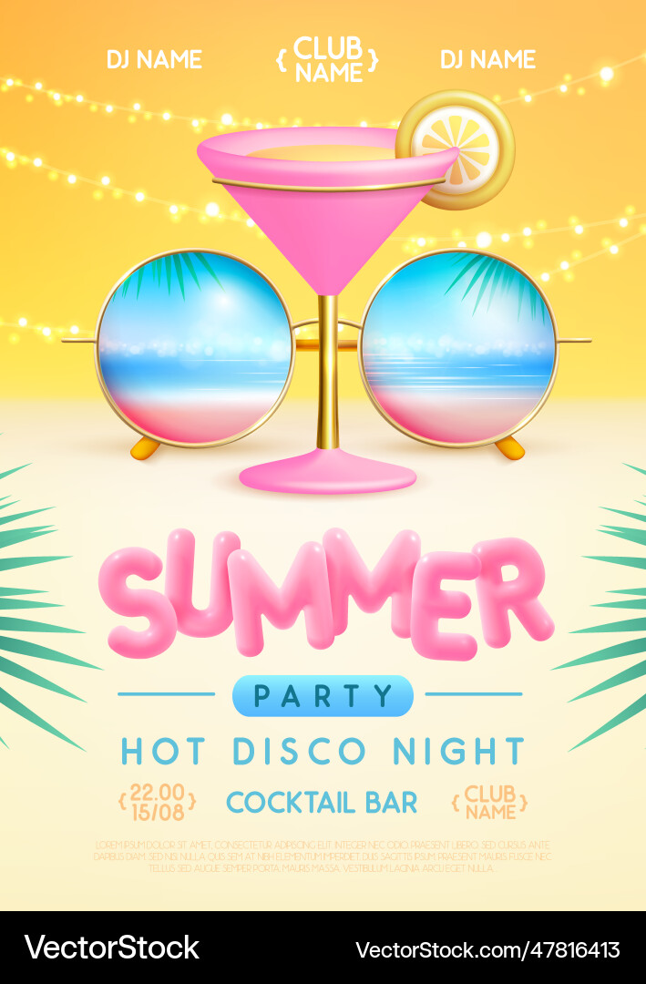 Summer disco party poster with 3d cocktail Vector Image