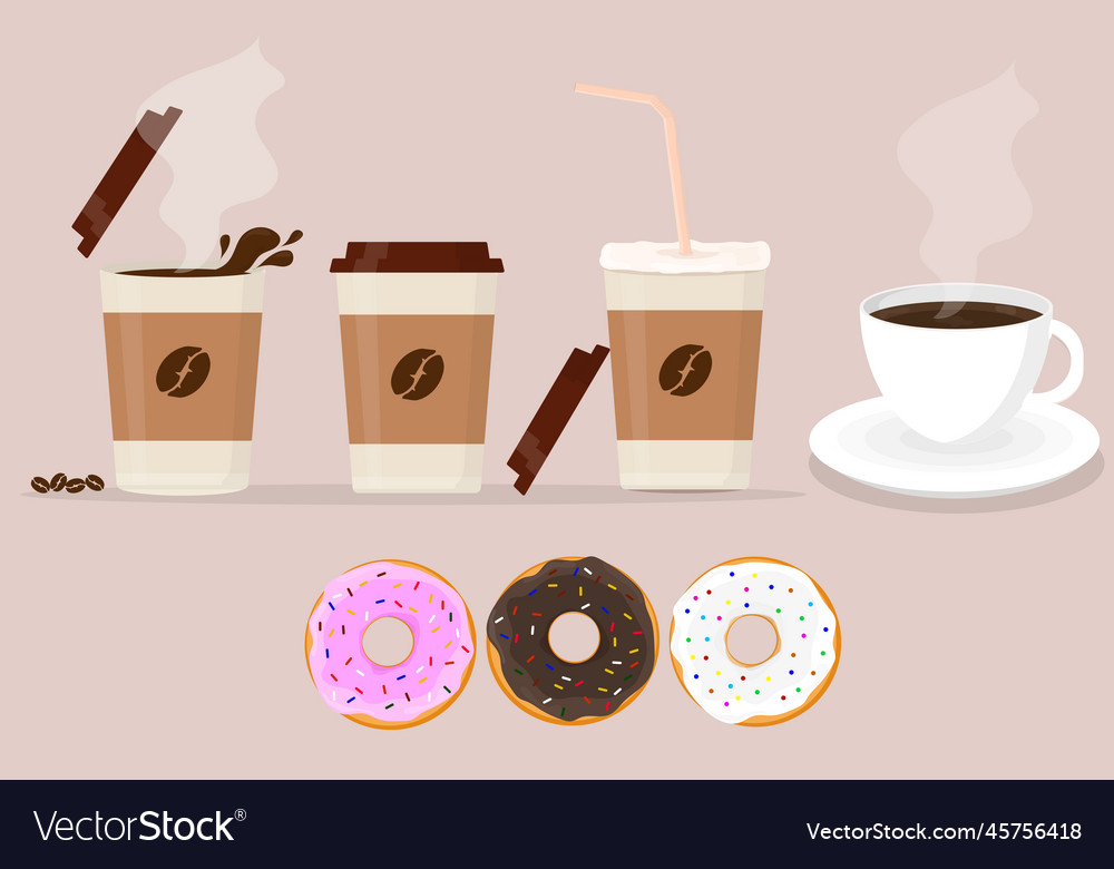 A set of coffee cups with donuts espresso latte Vector Image