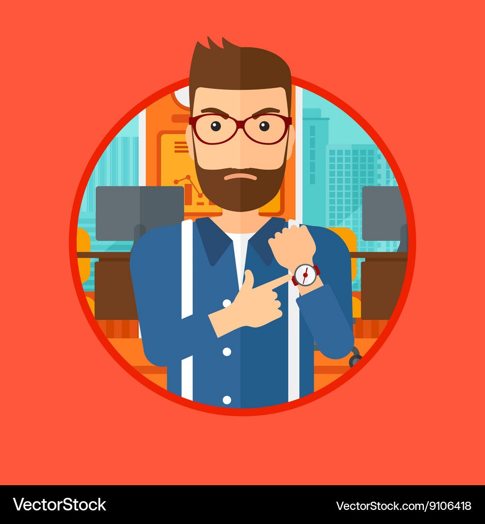 Angry boss pointing at wrist watch Royalty Free Vector Image