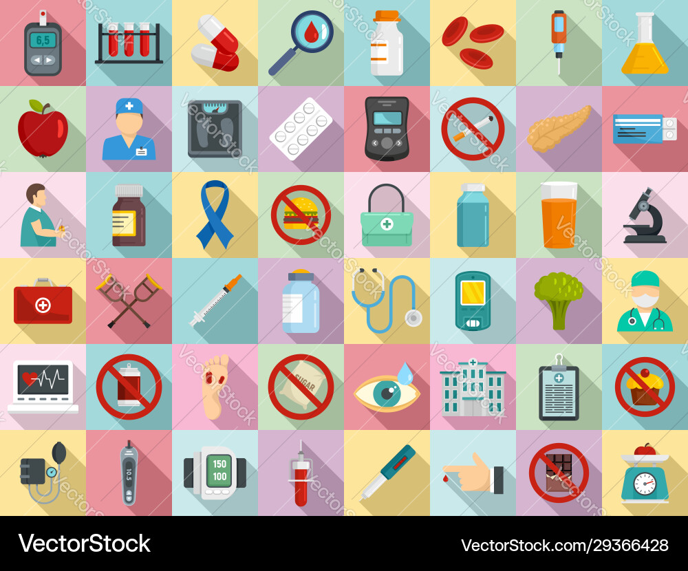 Diabetes icons set flat style Royalty Free Vector Image