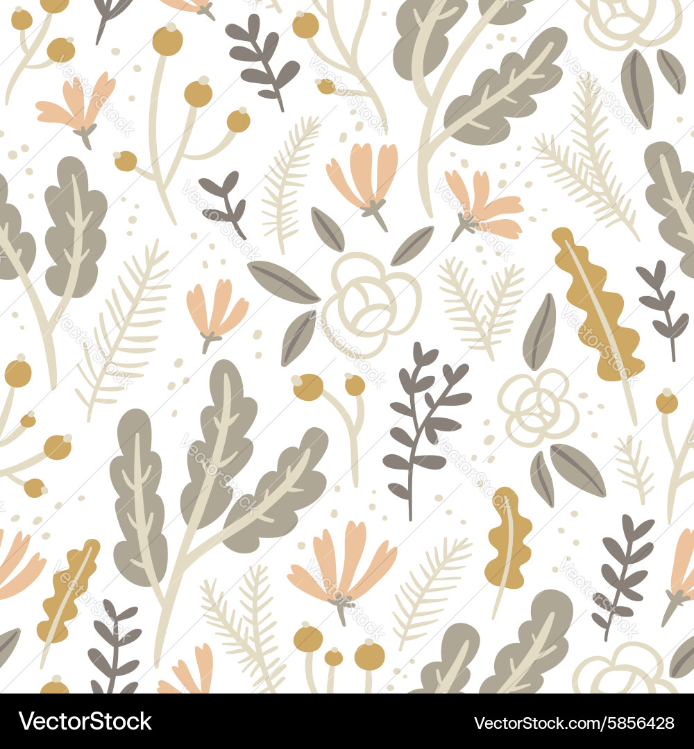 Flowers leaves and berries pastel seamless pattern