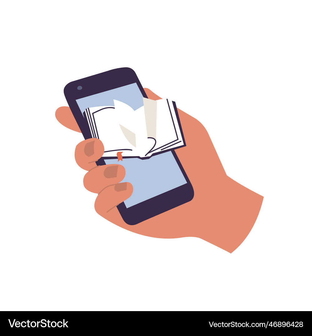 Human hand holding phone with open book on screen Vector Image