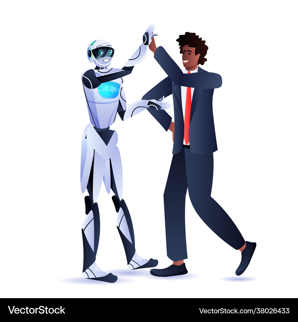 African american man holding hands with robot Vector Image