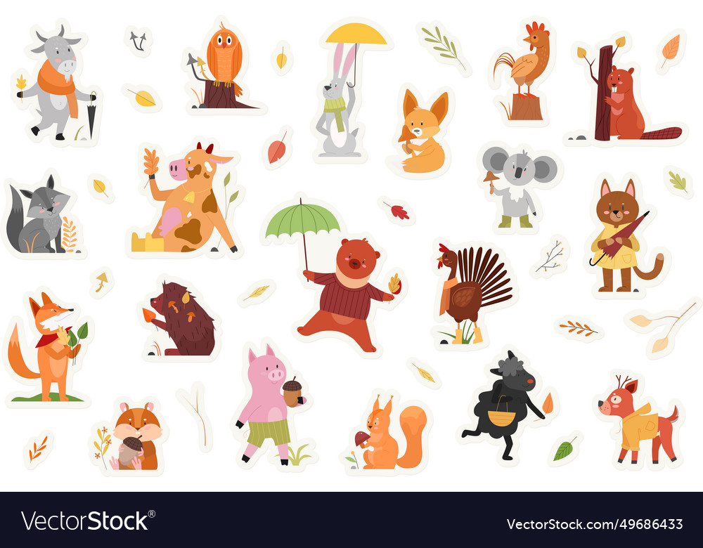 Animals from autumn forest sticker pack set wild Vector Image