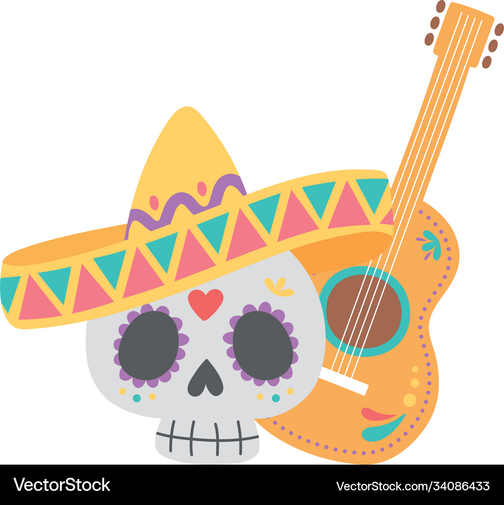 Day dead skull with hat and guitar mexican Vector Image