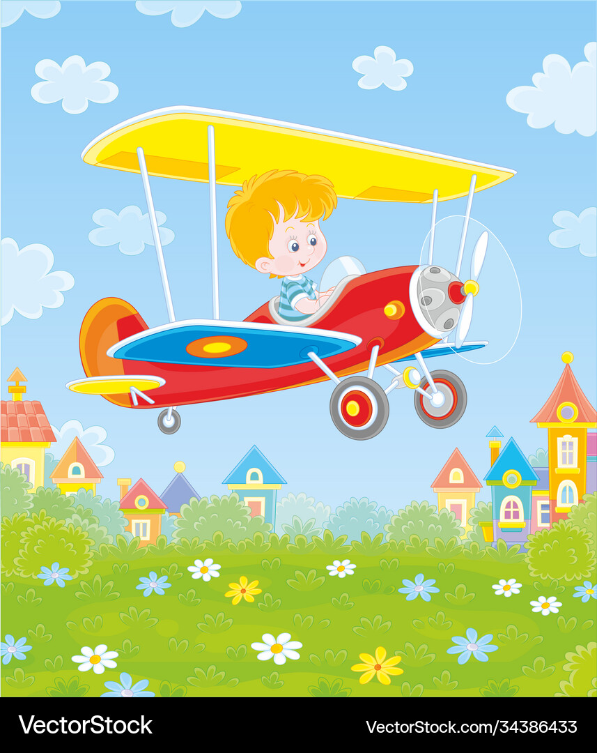 Little pilot in his plane over a town Royalty Free Vector