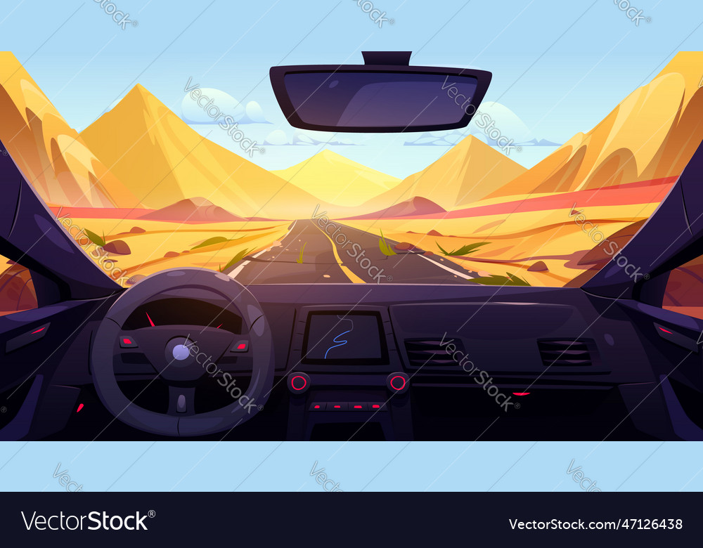 Car road in desert inside driver cockpit view Vector Image
