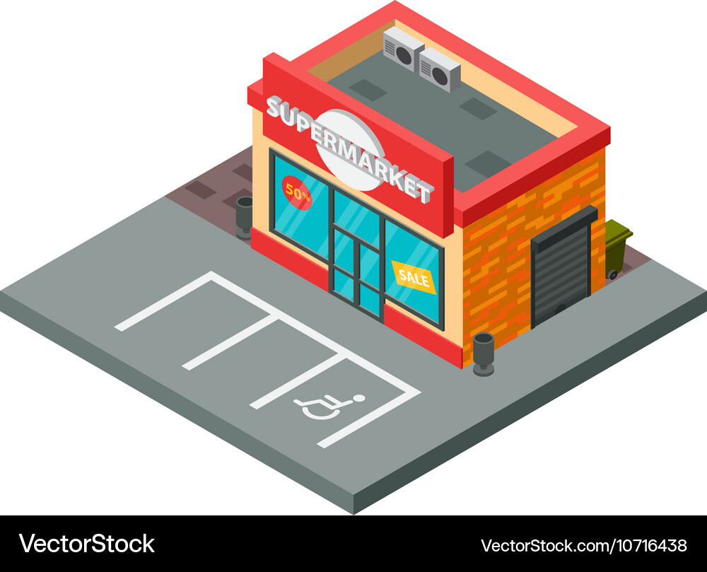 Supermarket isometric building isolated Royalty Free Vector