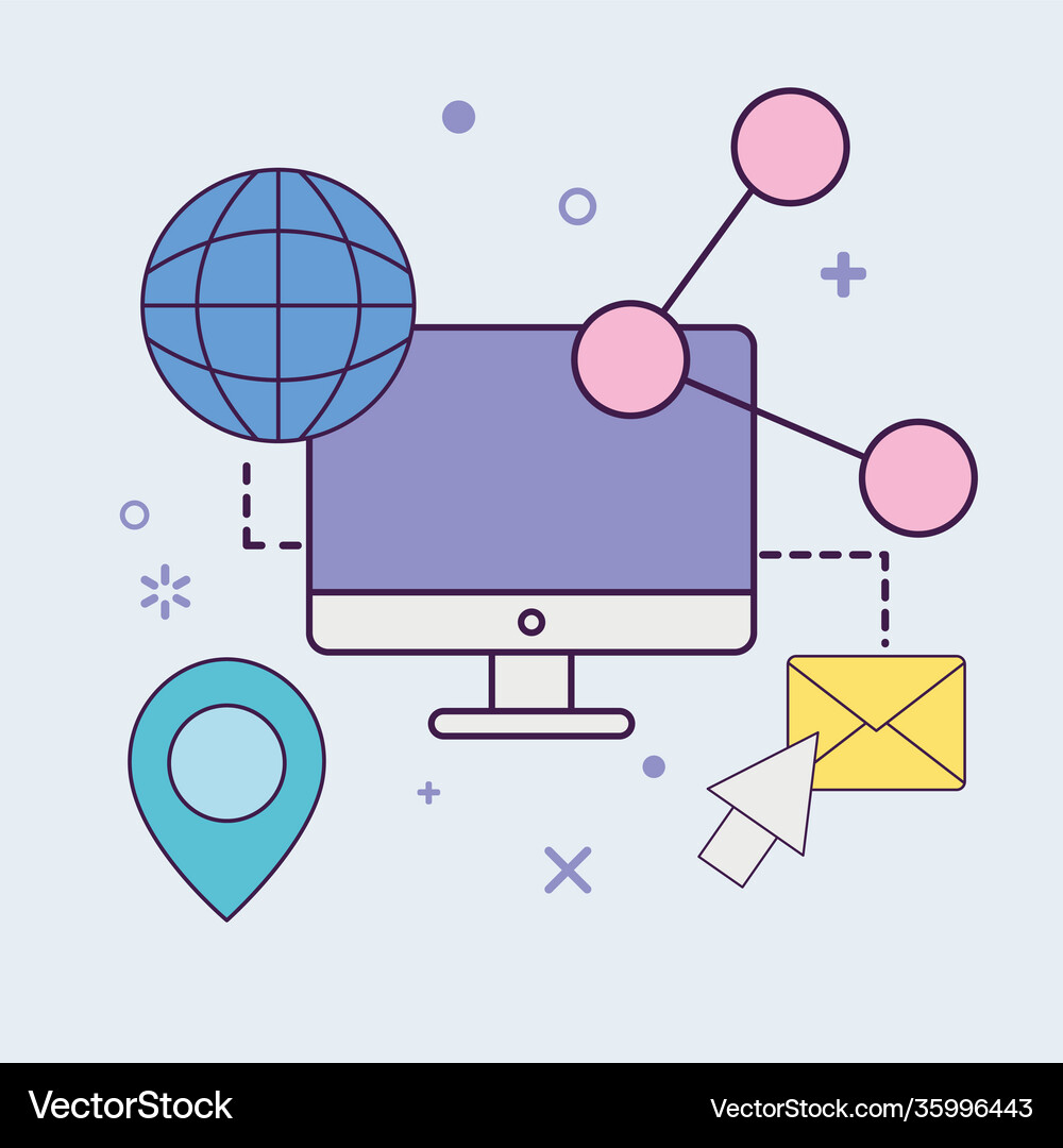 Digital marketing computer with icons Royalty Free Vector