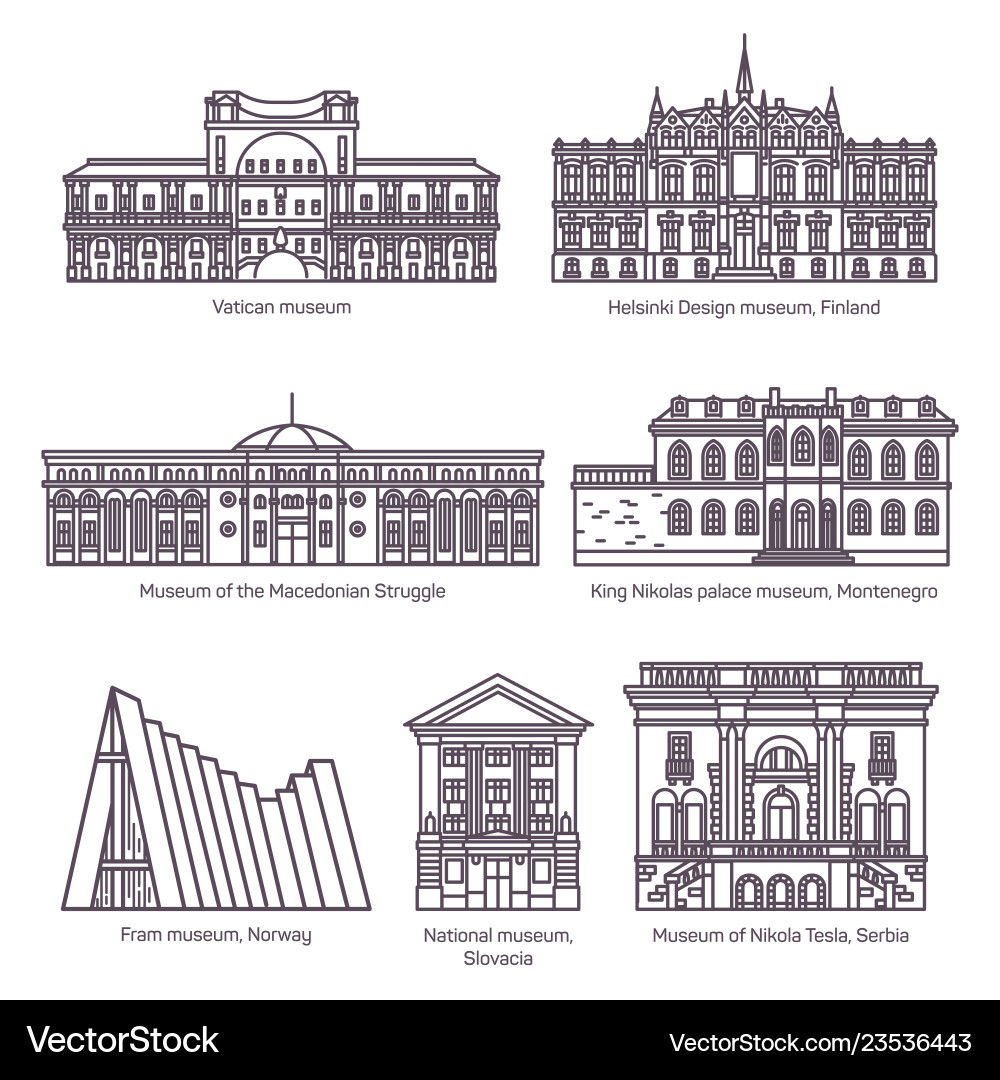 Set of isolated museums in thin line Royalty Free Vector