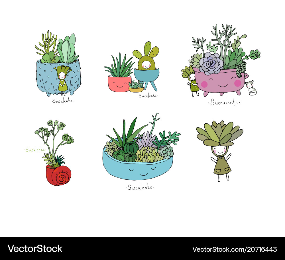 Set with cute cartoon succulents Royalty Free Vector Image