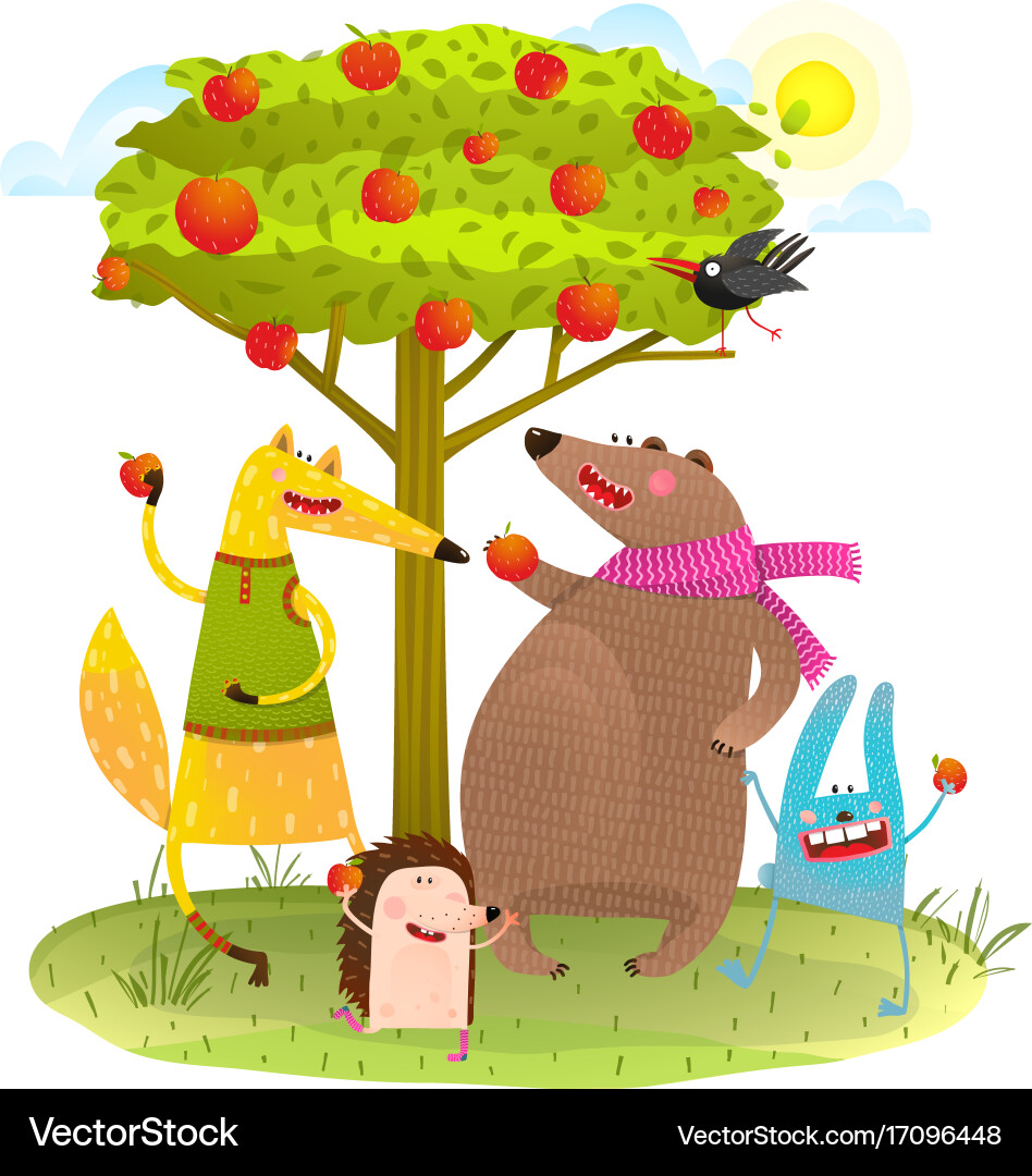 Baby animals friends and apple tree Royalty Free Vector