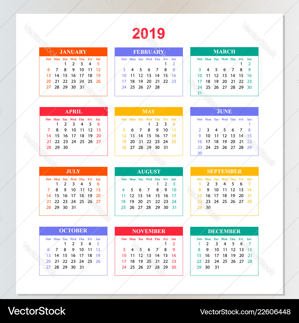 Wall calendar for 2019 year from sunday Royalty Free Vector