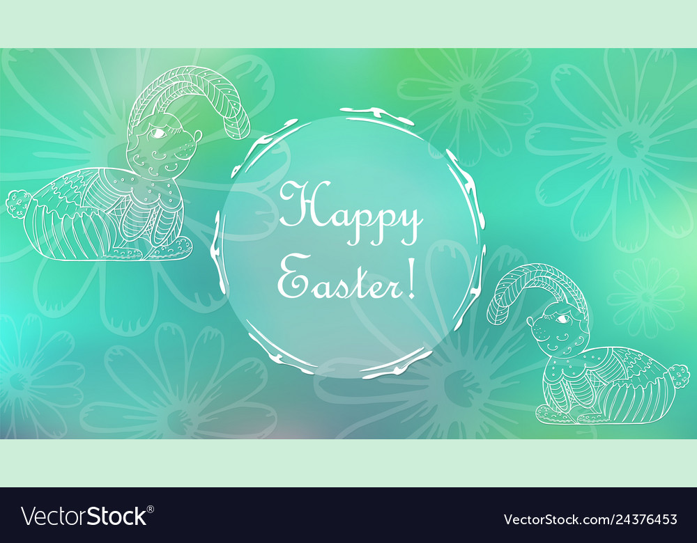 Easter greeting card with rabbits and flowers Vector Image
