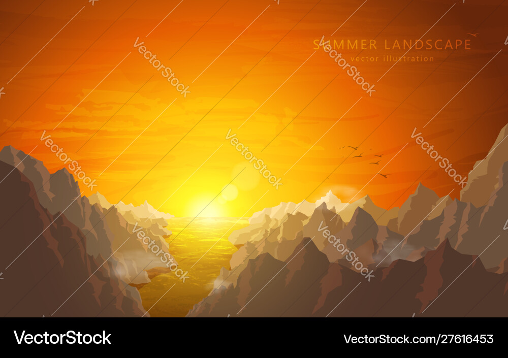 Nature landscape mountains and river on sunset Vector Image