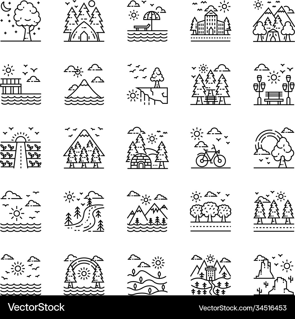 Nature landscapes icons pack Royalty Free Vector Image