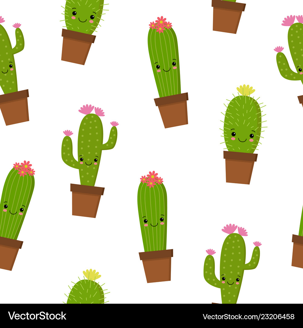 Seamless pattern with cute kawaii cactus Vector Image