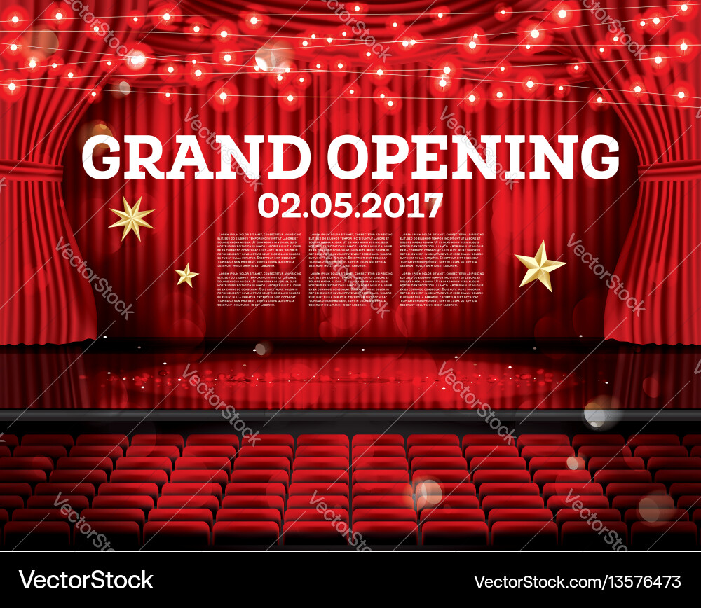 Grand opening open red curtains with neon lights Vector Image